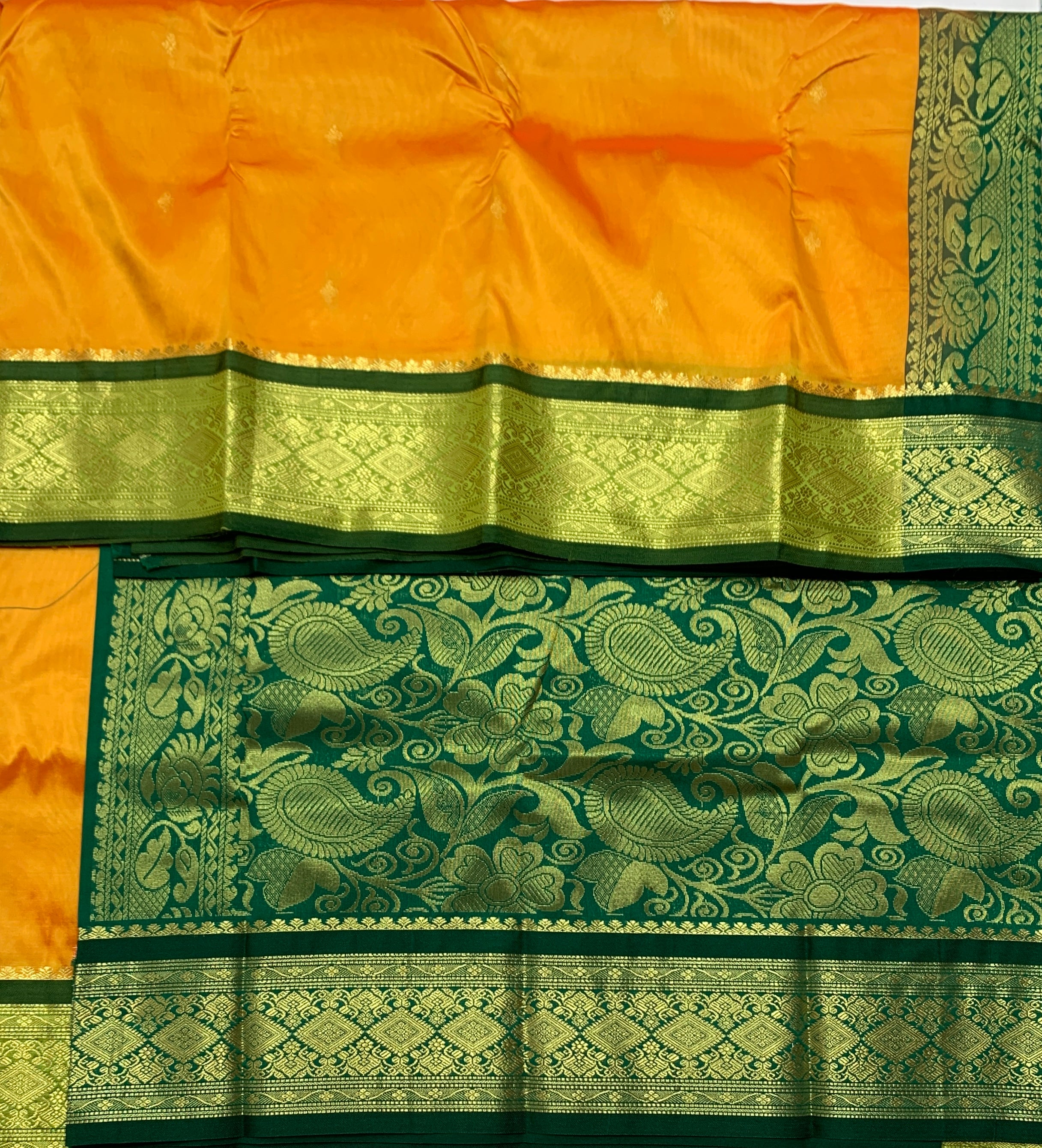Mango Yellow Shade Saree with Golden and Green Border – Kumaran Silk