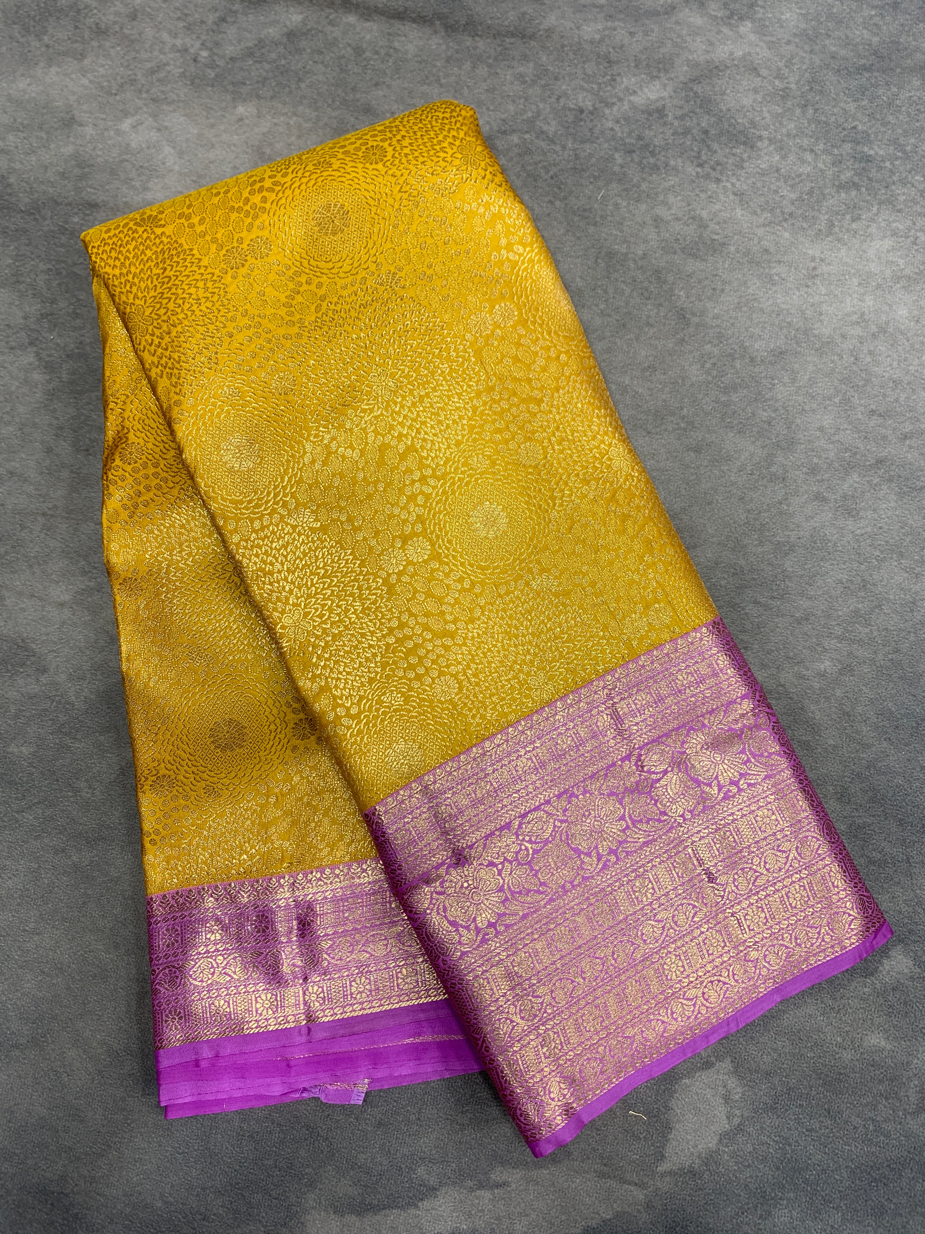Fancy Tissue Saree Yellow Colour with Lavender Colour Border – Kumaran Silk
