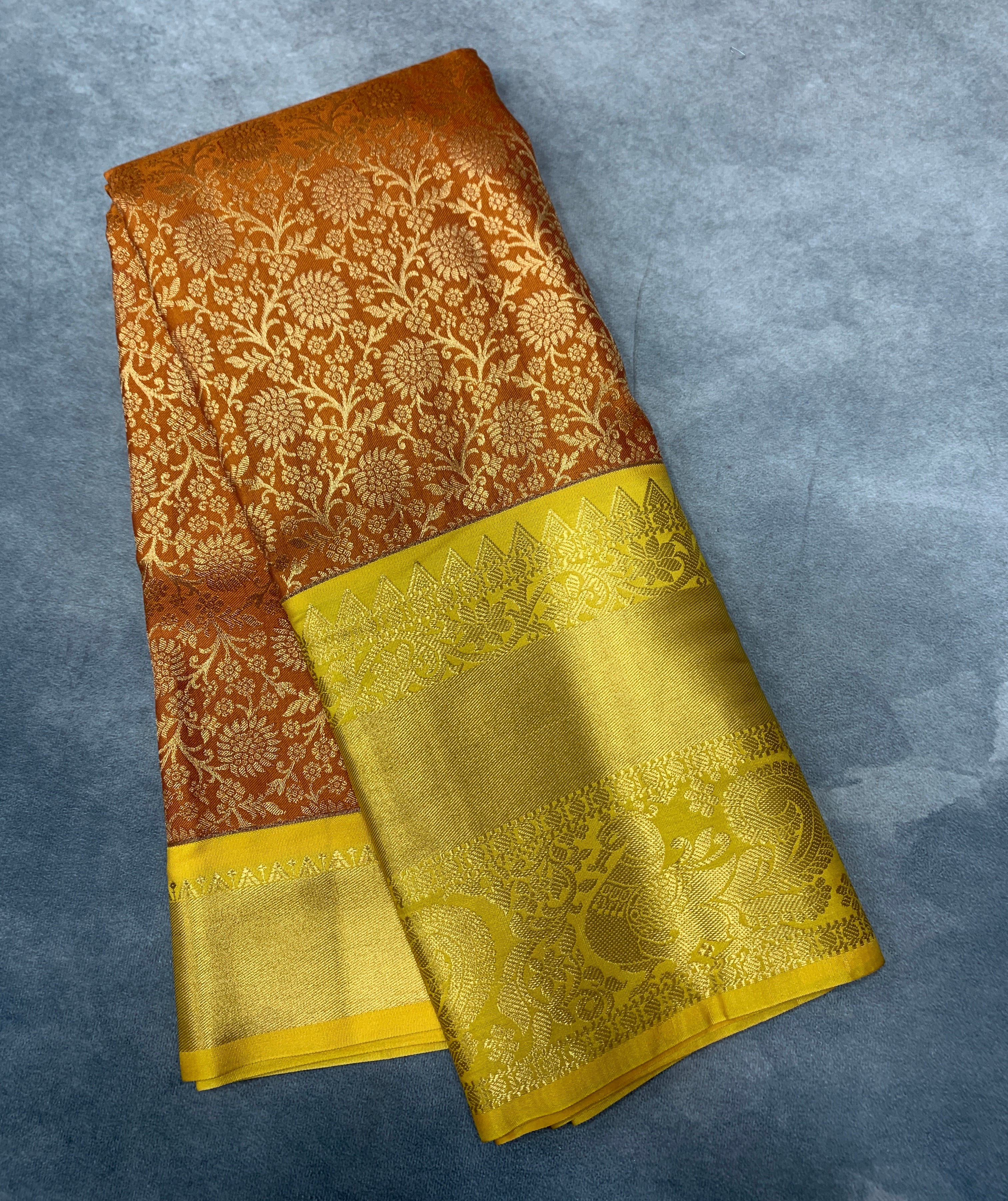 Russet Colour Semi Silk Saree with Big Yellow Border – Kumaran Silk