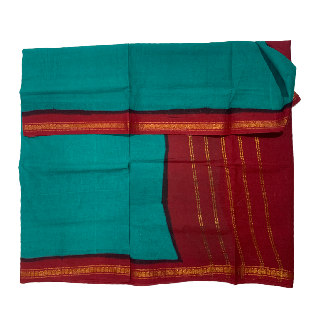 9 yards Cotton Saree Rama Green Colour with Red Border – Kumaran Silk