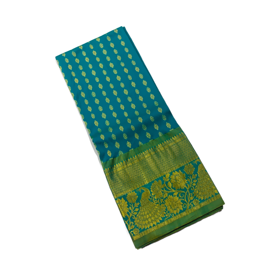 Ramar Green shade Pure Kanchipuram Kids Pattu Pavadai with contrast bo ...